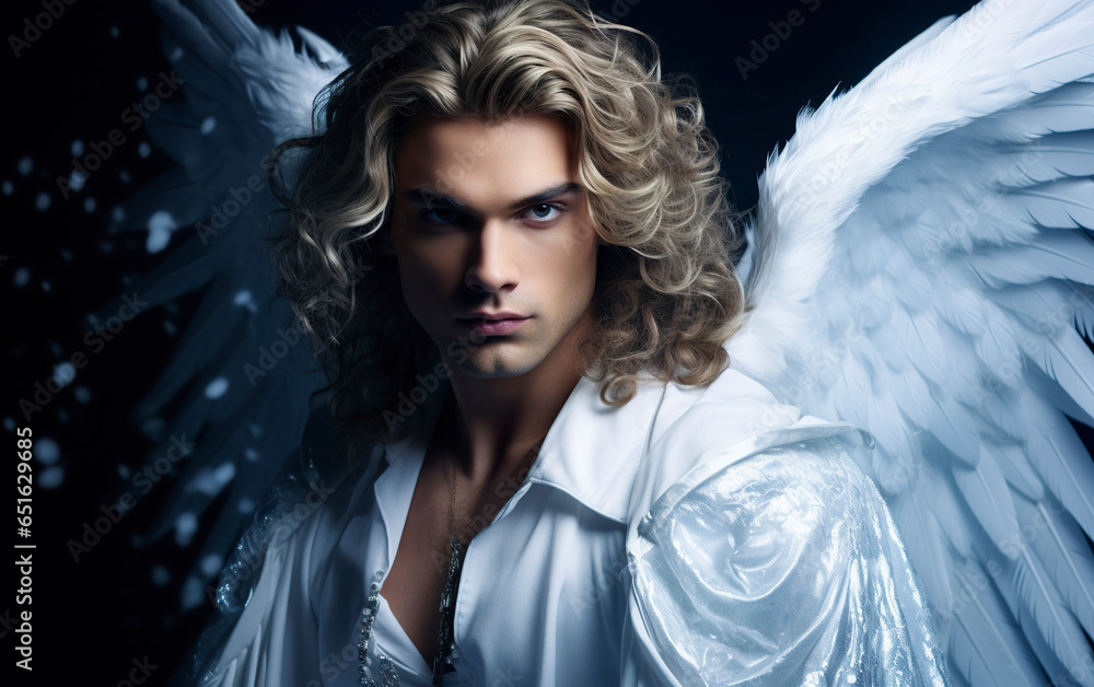 Representation of an angel on earth with golden hair and sculpted ...