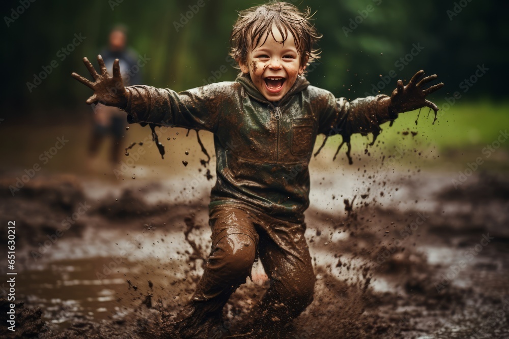 Super excited young child jumping in a puddle of mud outdoors Stock Photo | Adobe Stock