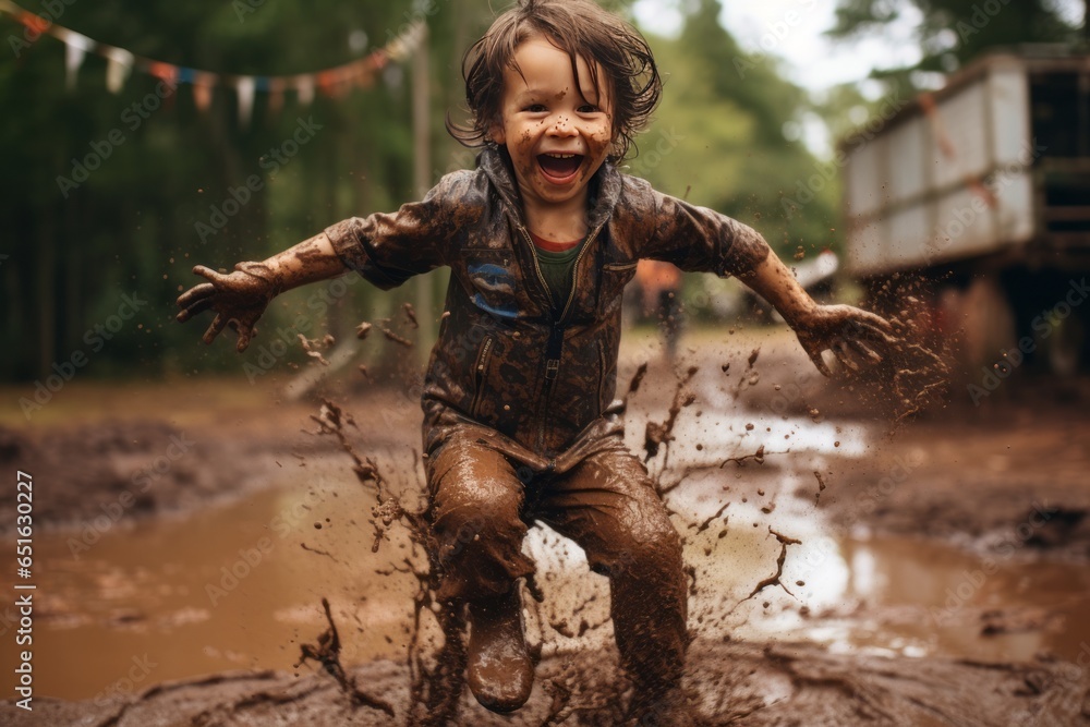 Super excited young child jumping in a puddle of mud outdoors Stock ...