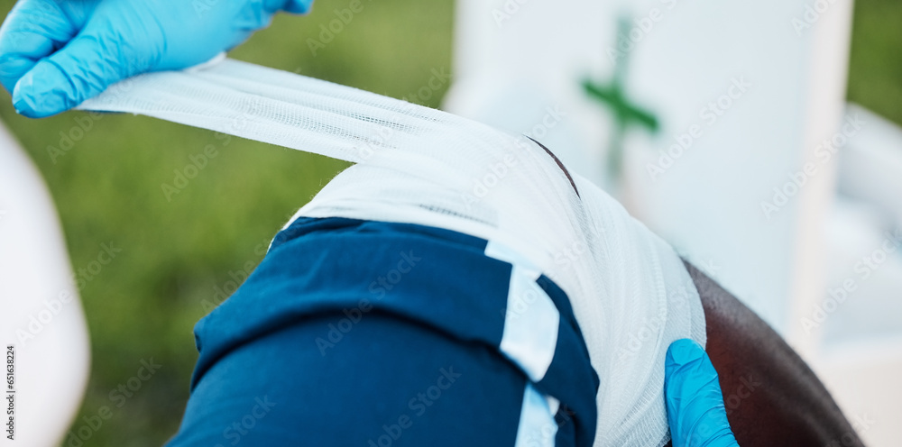 Sports, injury and person with bandage for knee pain, emergency and ...