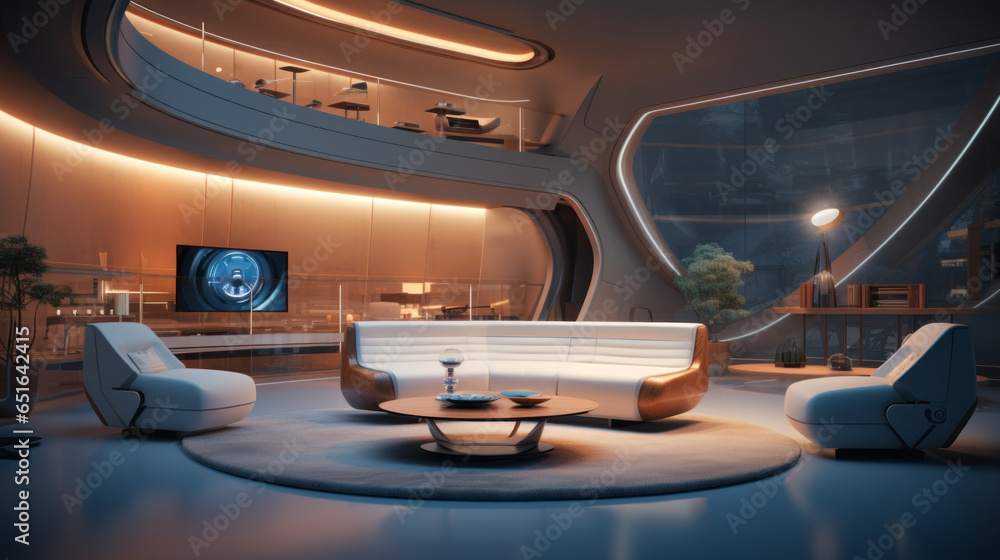 Tech-Savvy Lounge A futuristic living room with smart home gadgets ...