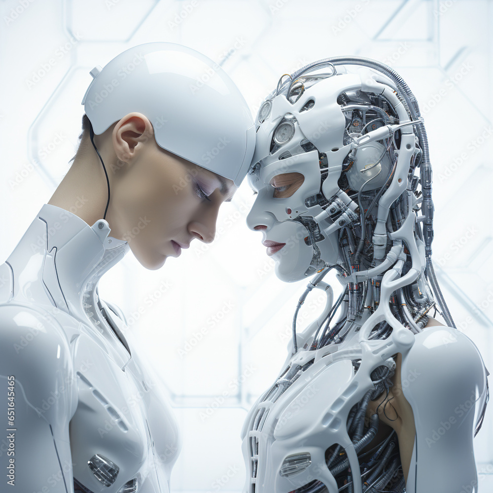 Two white female robot in love concept, futurisic idea of human robot ...