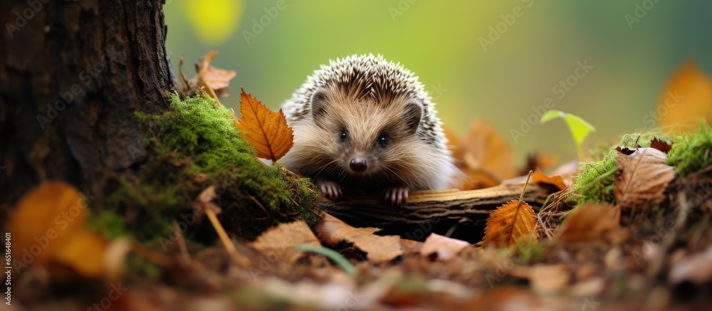 Wild hedgehog s burrow in the forest among tree branches and needles ...