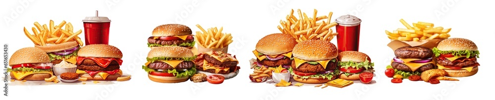collection of fast food items includes double cheeseburgers, drinks ...