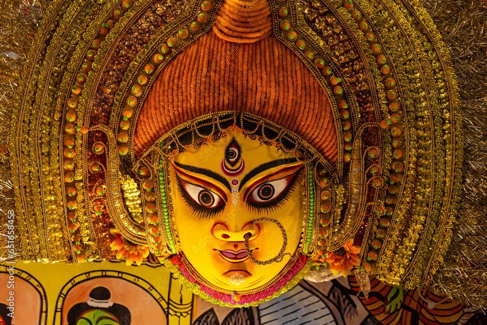 Subho mahalaya, An idol of Goddess Durga decorated in Pandal. Durga ...