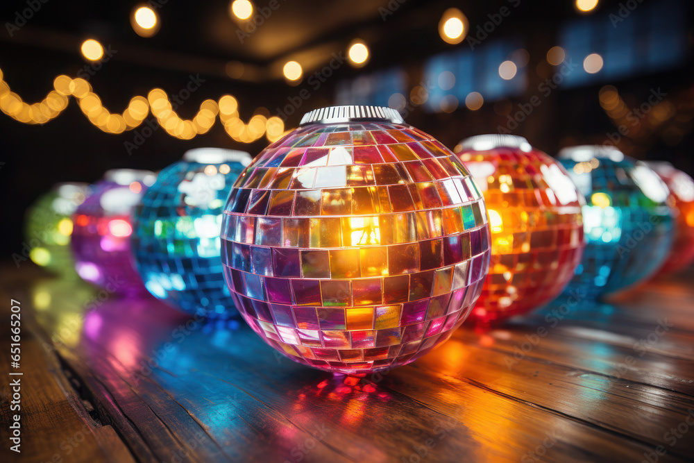 rainbow, multi-colored mirrored, glowing disco ball on a black ...