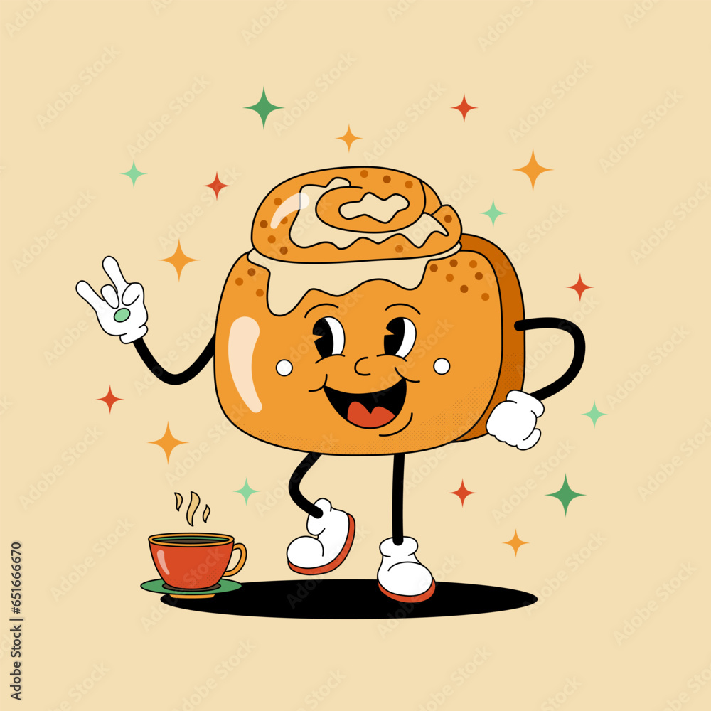 Comic flat glazed Cinnabon with face on decorated background. Vector ...
