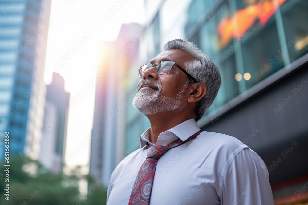 Confident rich eastern indian elderly business man executive standing ...