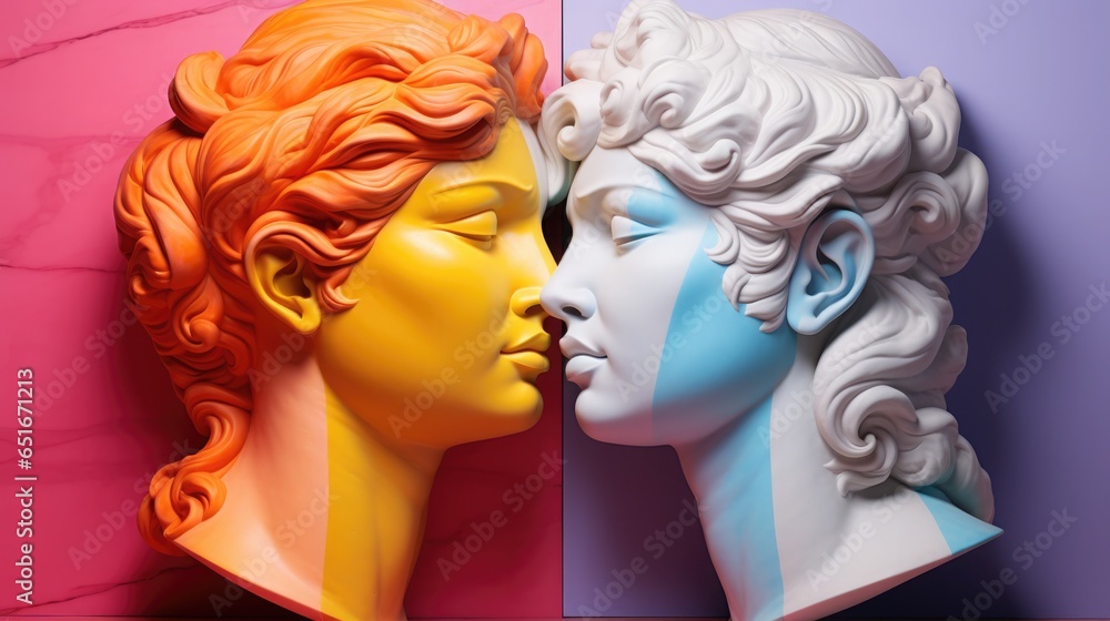 Two marble heads of statue devoid of excess detail, come together ...