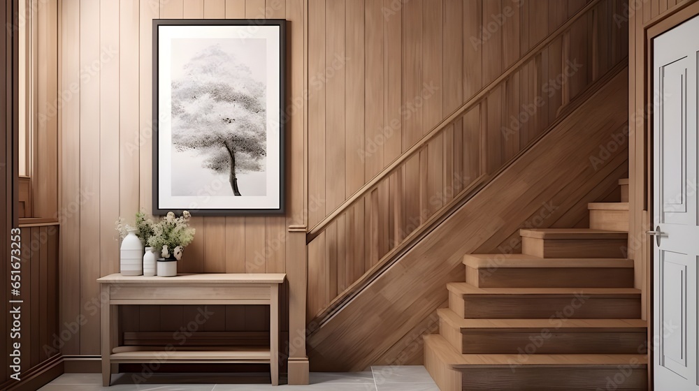 Wooden staircase and lining paneling wall in scandavian style hallway ...