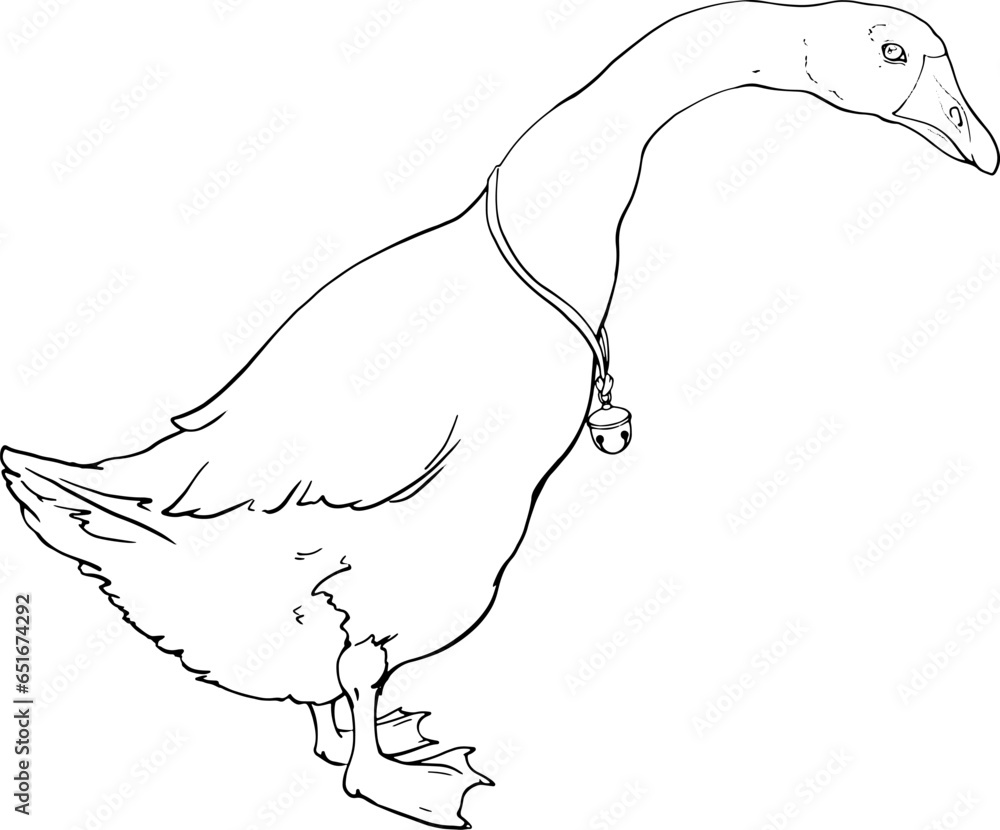 A large goose in full-length profile with a bell on its neck. For ...