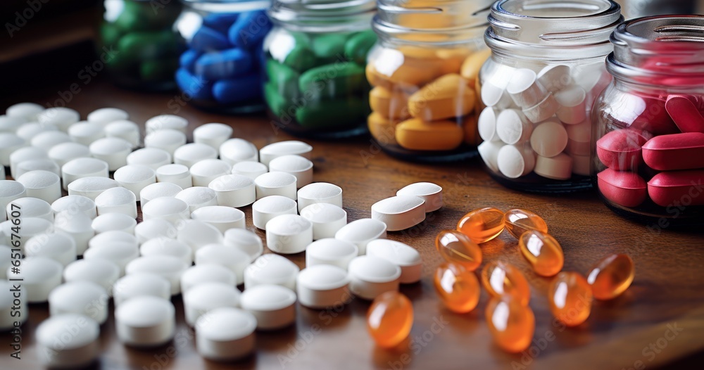 Various drug formulations spread out on a table, including tablets and ...