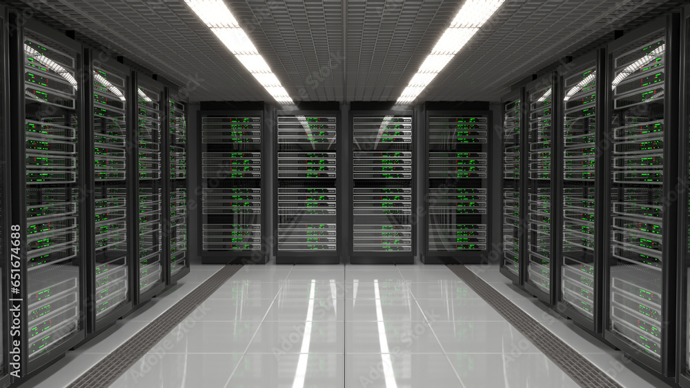 Server room, computer center, rows of racks with computers. 3d ...
