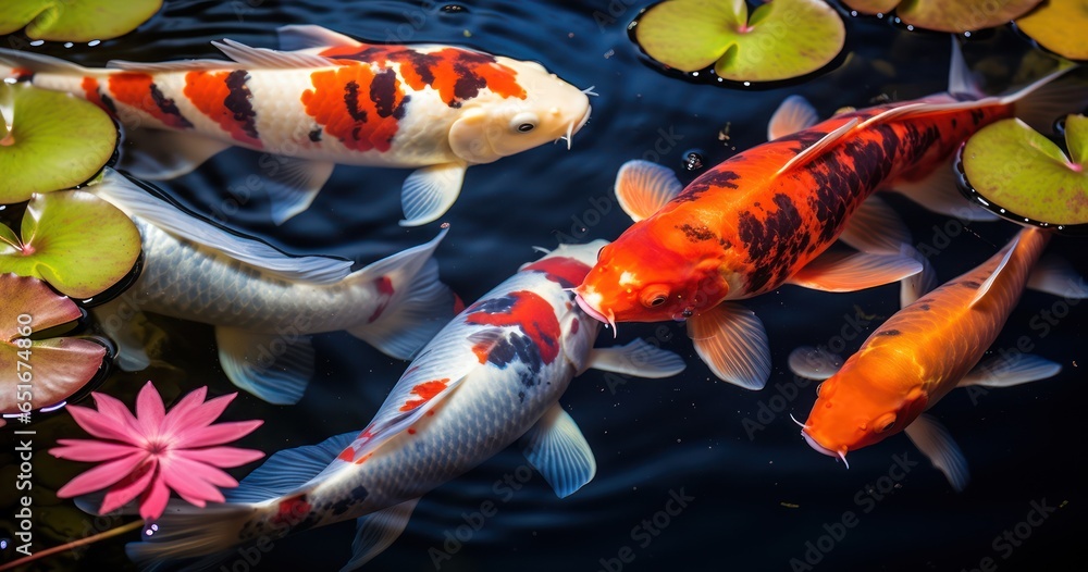 Majestic koi fish gracefully swimming in a clear pond, with vibrant ...