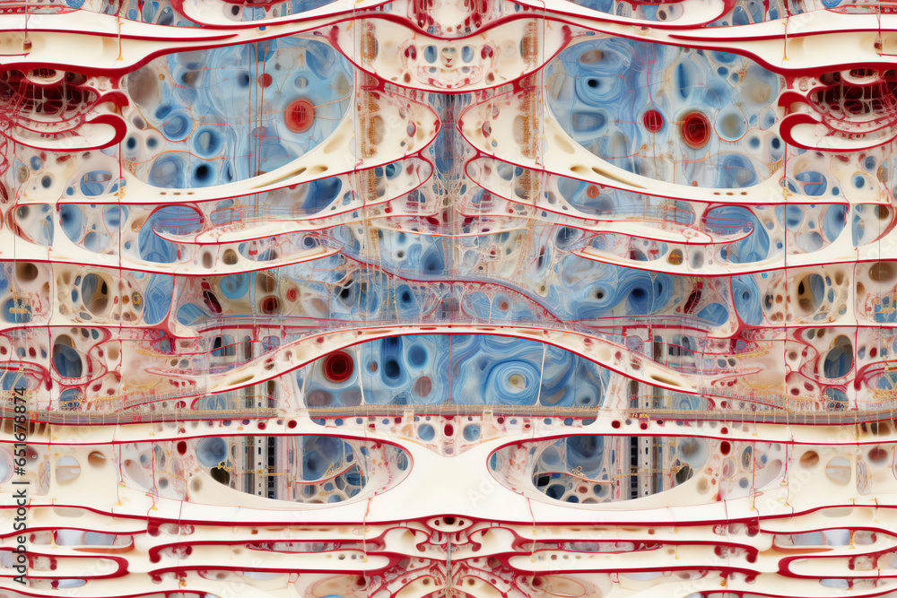 abstract art, distorted architecture in blue and red lines, dadaist ...
