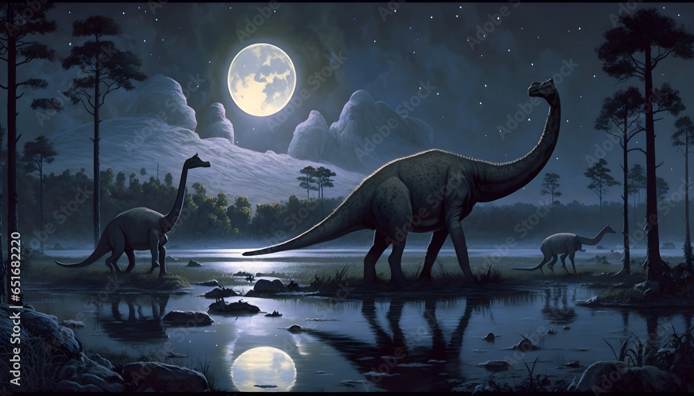 late cretaceous dinosaur herbivores grazing in a swampy prehistoric ...