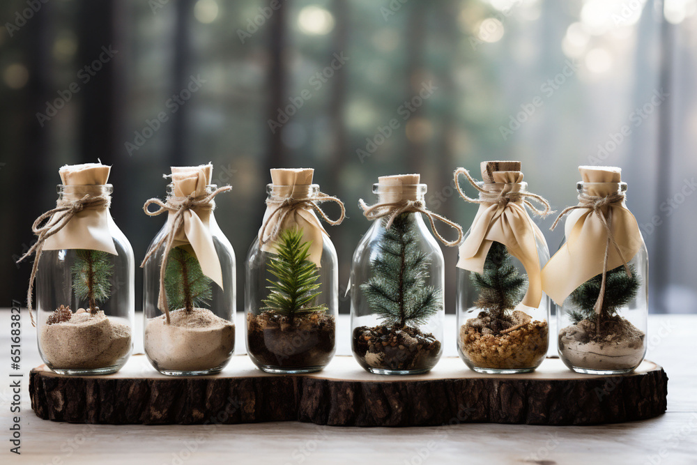 Spruce, pine and juniper seedlings in glass jars. Eco friendly ...