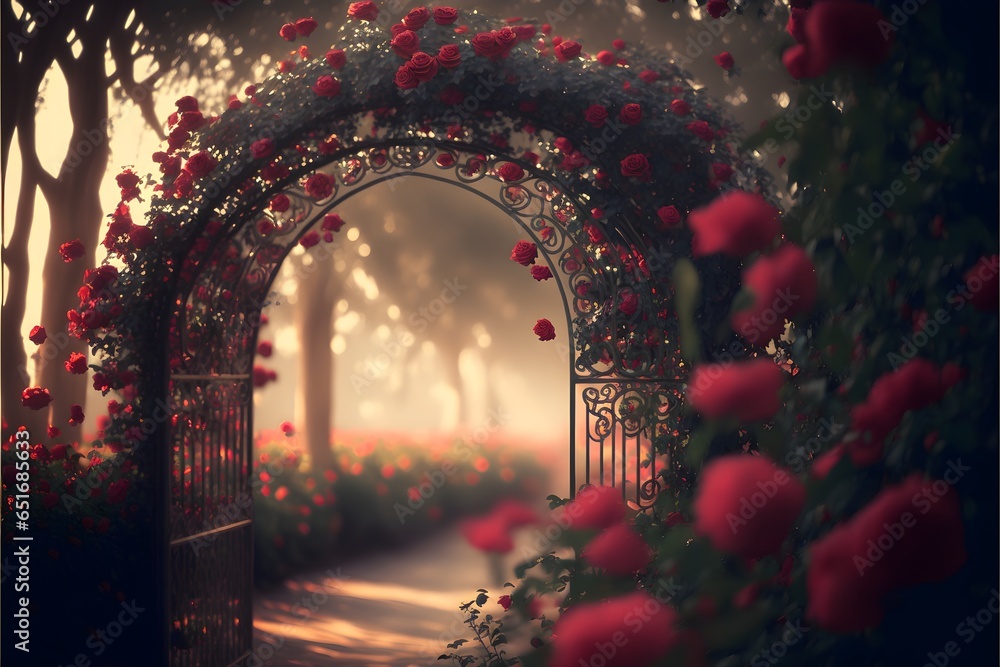 photograph of dreamy red rose garden red rose arch in background ...