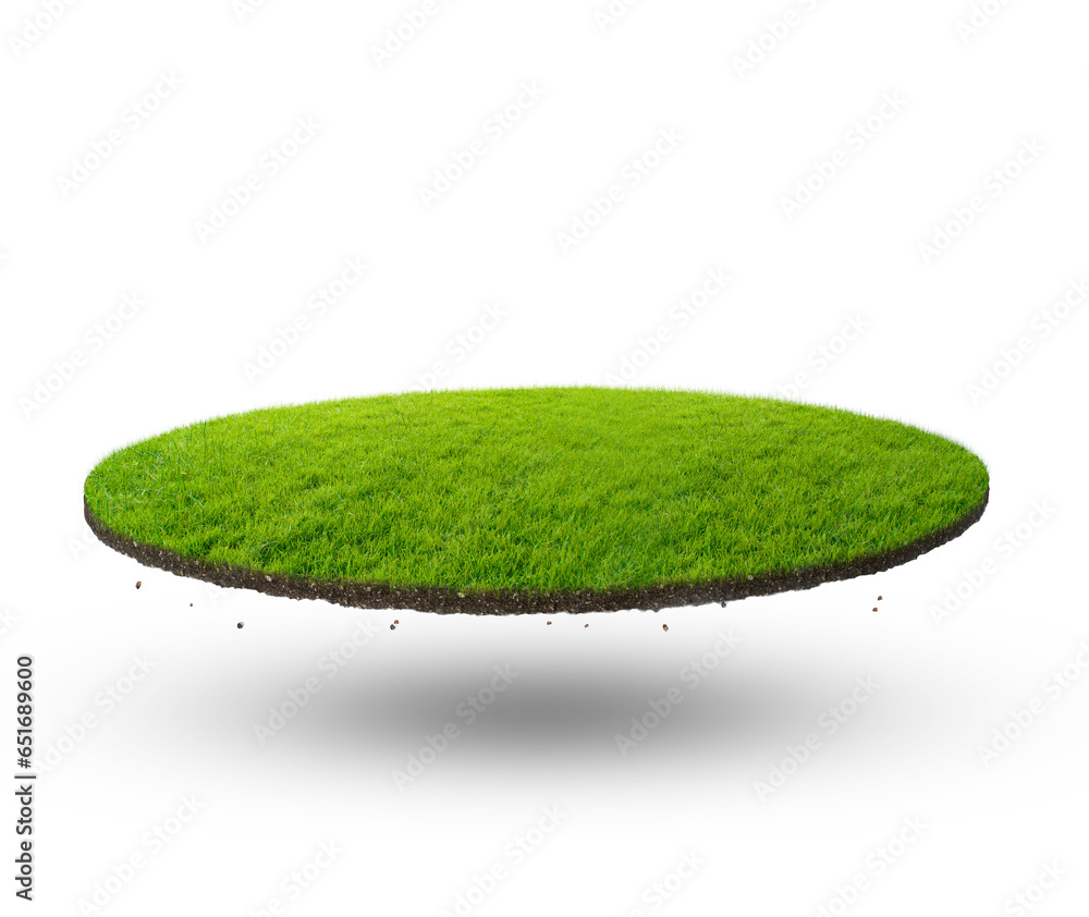 Floating slice of land with green grass surface and soil section ...