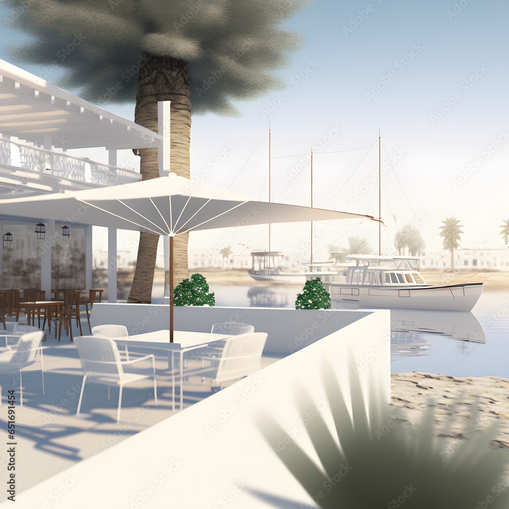 view from cafe of small marina with a beach style surrounded by ...
