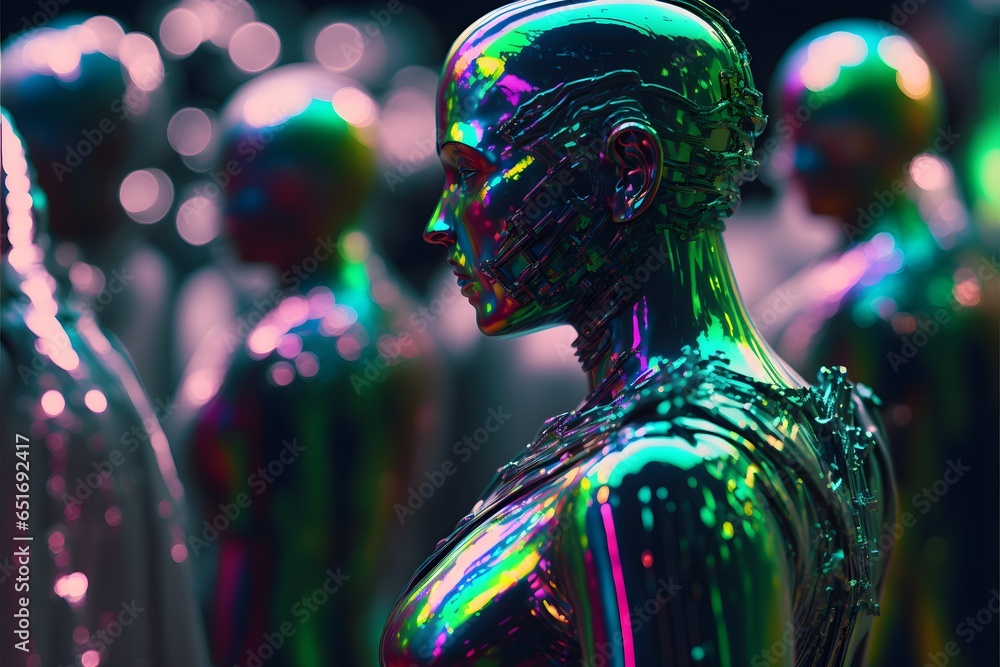 huge crowd of humanoid made of glass wearing and RGB Transparent metal ...