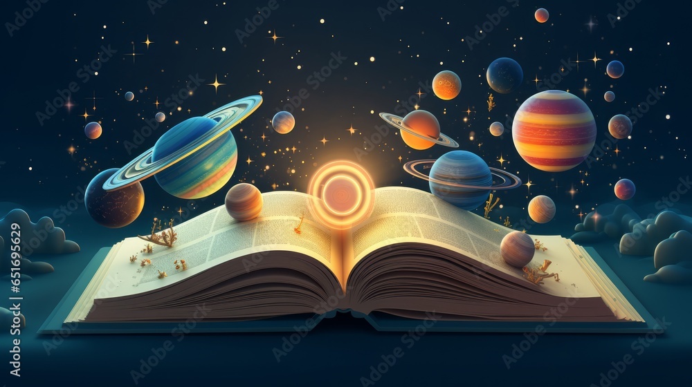 An open book depicting a starry sky with the solar system planets ...