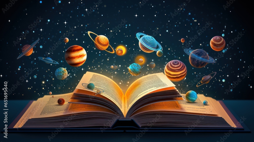 An open book depicting a starry sky with the solar system planets ...
