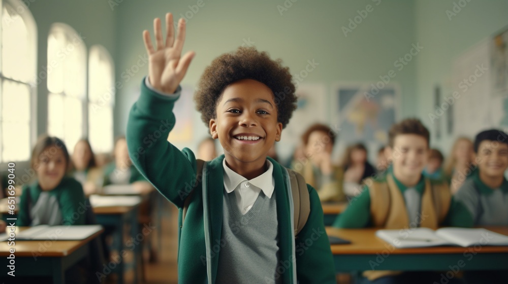 Happy African American boy student raising hand in classroom, children ...