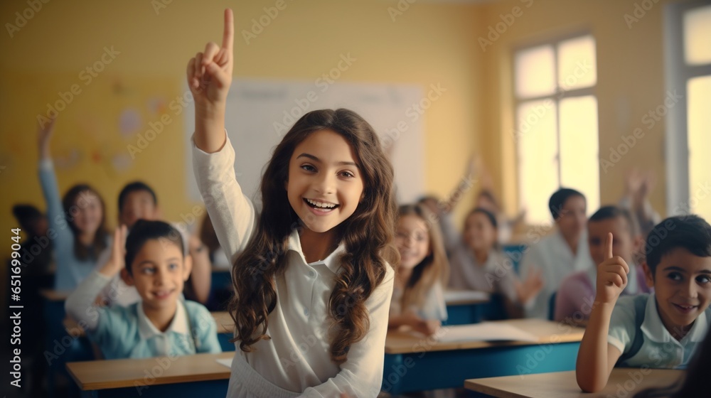 Happy girl student raising hand in classroom, children active study in ...