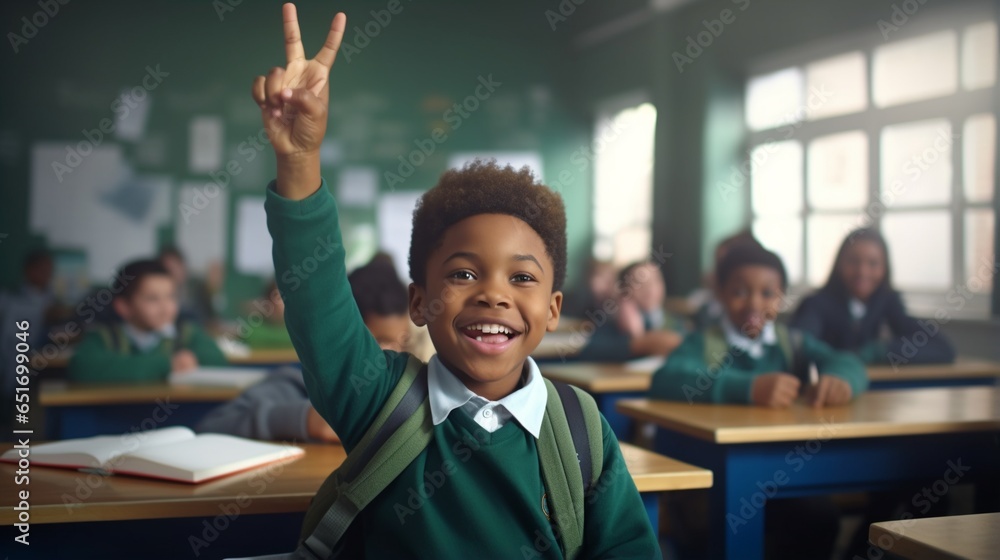 Happy African American boy student raising hand in classroom, children ...