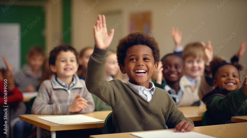 Happy African American boy student raising hand in classroom, children ...