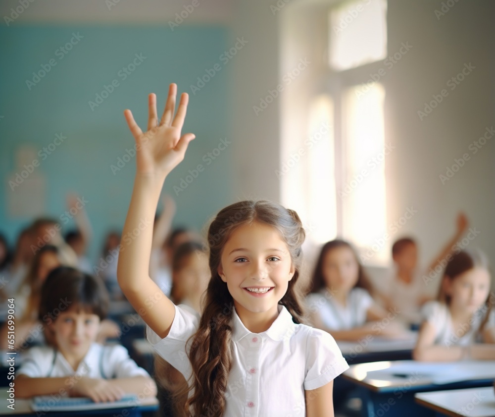 Happy girl student raising hand in classroom, children active study in ...