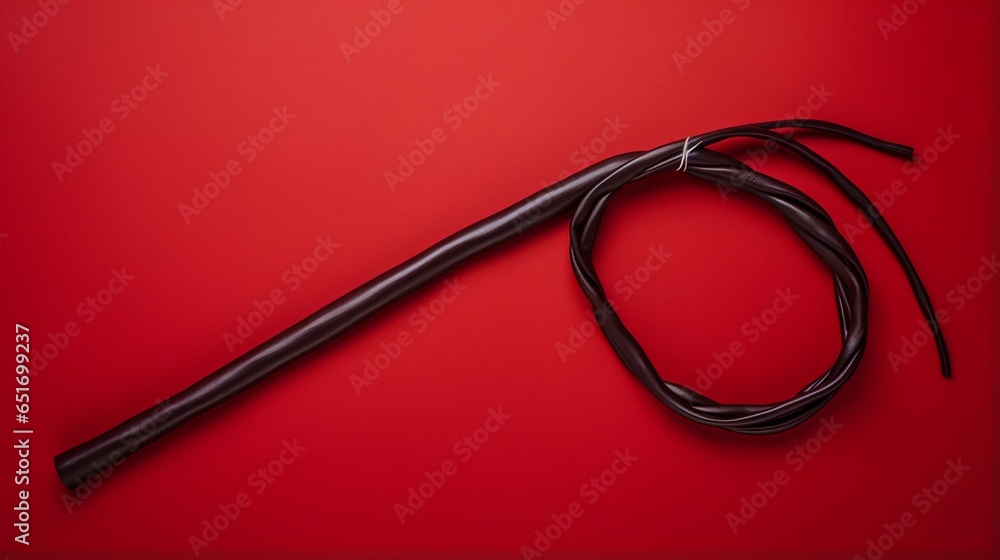 Black leather whip isolated on red velvet background, with copy space ...