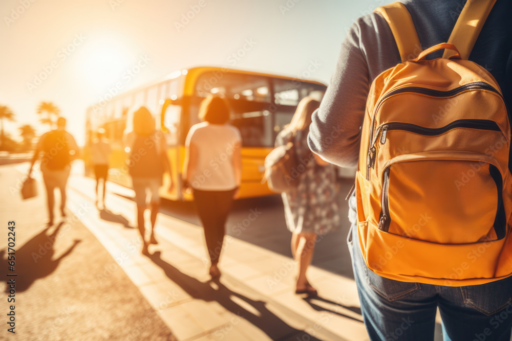 People waiting for bus at the bus stop. Travel, transportation, public ...