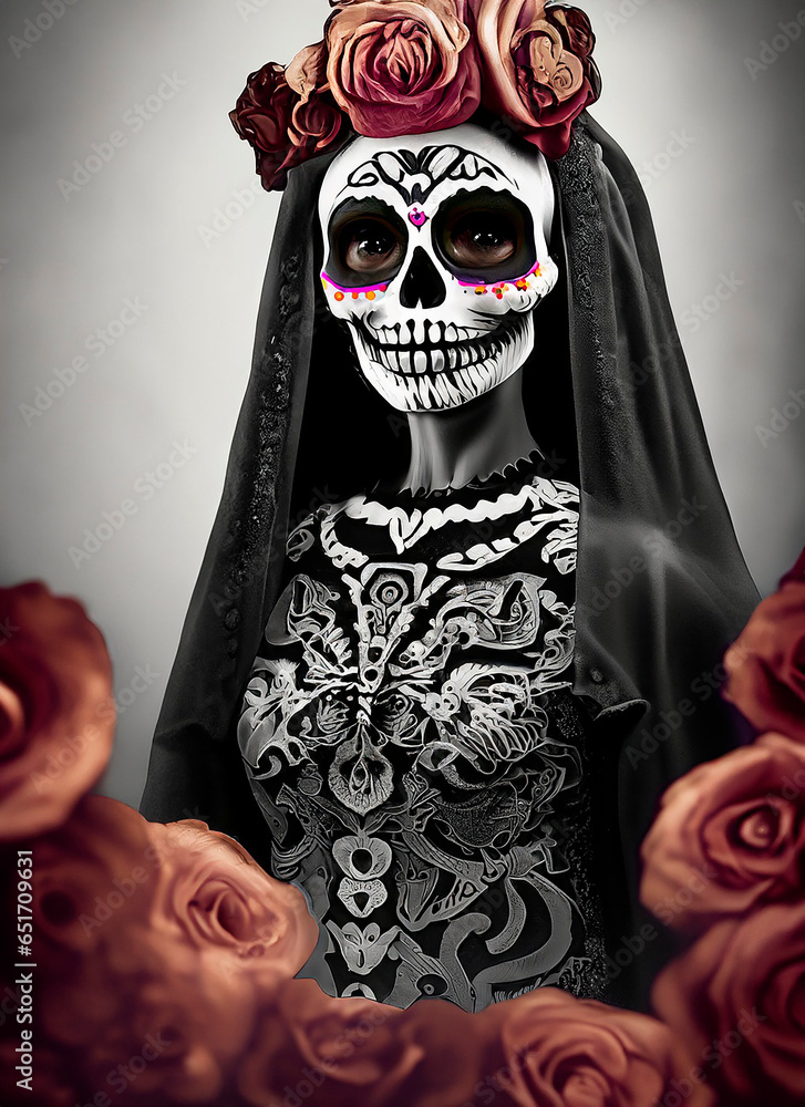 Black and White Day of the Dead Catrina Illustration Monochrome Catrina ...