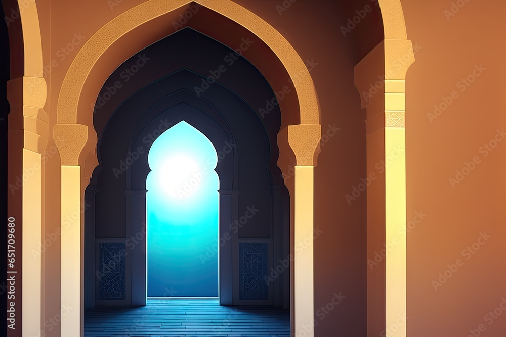 Mosque and shadows. Light rays from mosque window or door. Prayer's ...