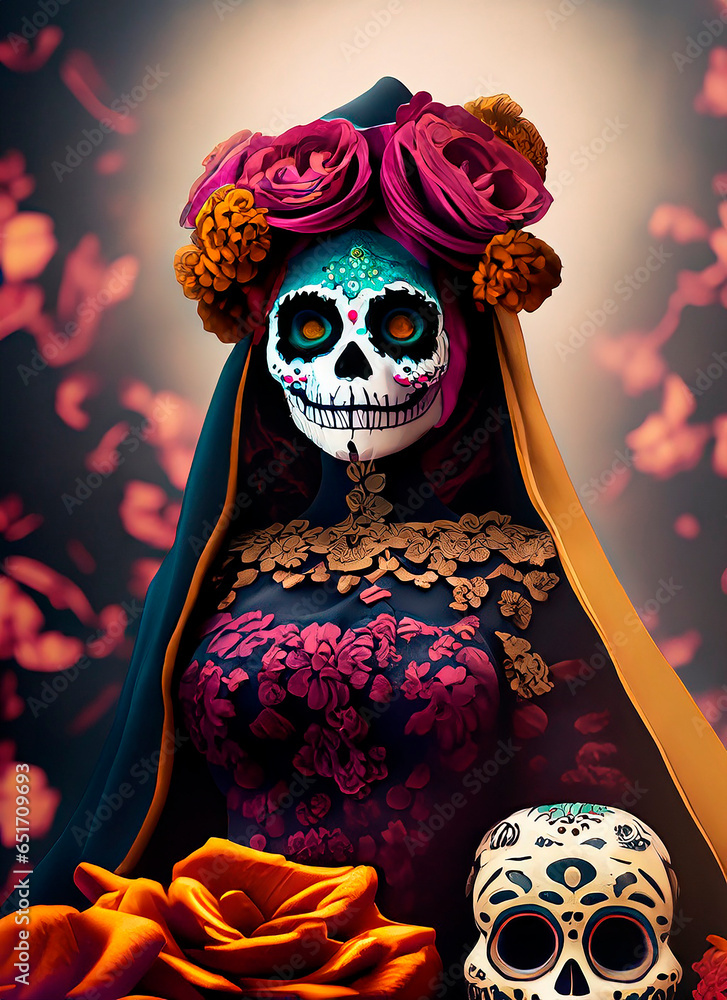 ilustración de catrina Mexicana Elegancia y Tradición fondo colorido ...
