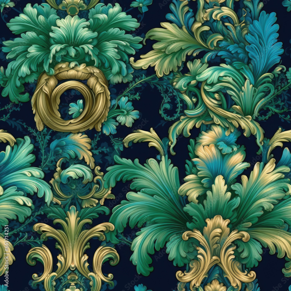 Opulent Rococo motifs and Grand gestures in vibrant color seamless pattern, AI Generated ...