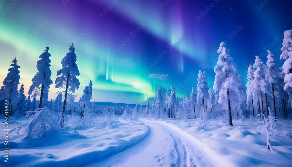 Spectacular aurora borealis over a track through winter landscape Stock ...