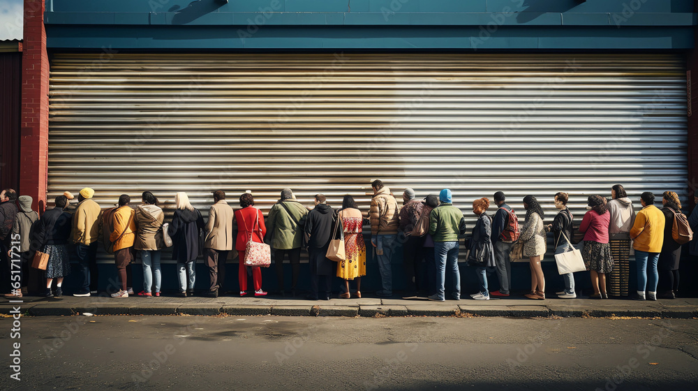 A long queue outside a food bank, with people from diverse backgrounds ...