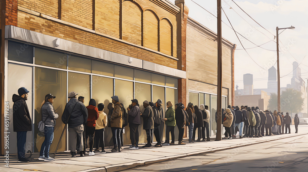 A long queue outside a food bank, with people from diverse backgrounds ...