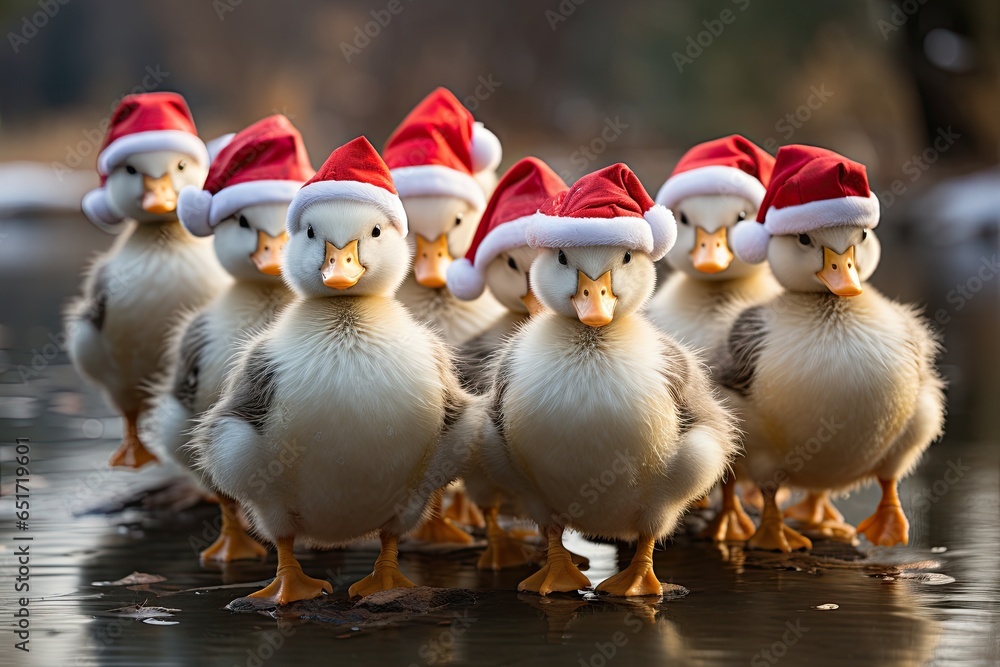 flock of ducks waddling - wearing a tiny Santa hat - whimsical holiday ...