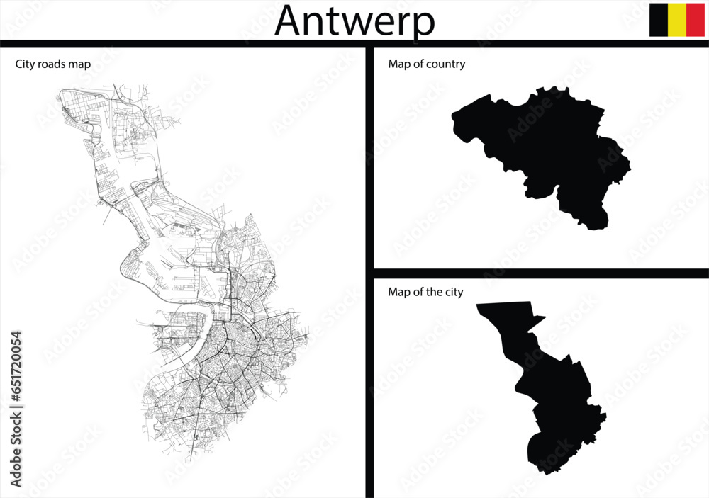 White Poster of the city of Antwerp with black road map of the city ...