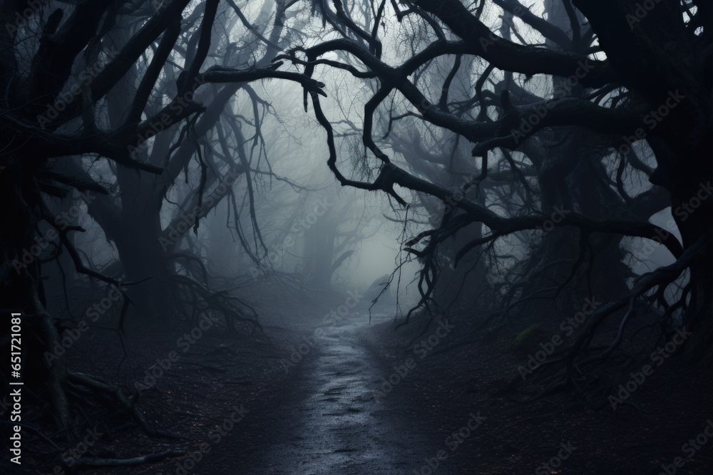 Mysterious Mist and Spooky Shadows. Foggy, Dark Forest at Night with ...