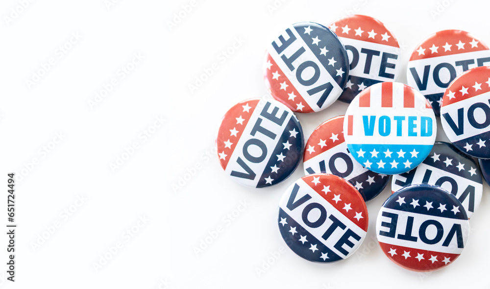 Presidental election 2024, red,blue and white vote buttons. I voted ...