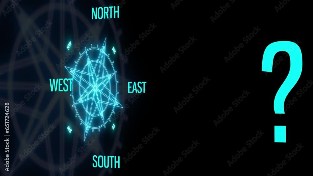 digital compass glow in a black background with world sides glitch ...