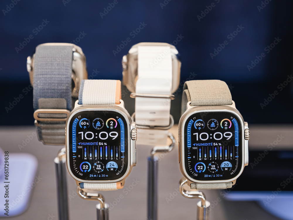 Paris, France - Sep 22, 2023: Two Apple Watch Ultra 2 Titanium models ...