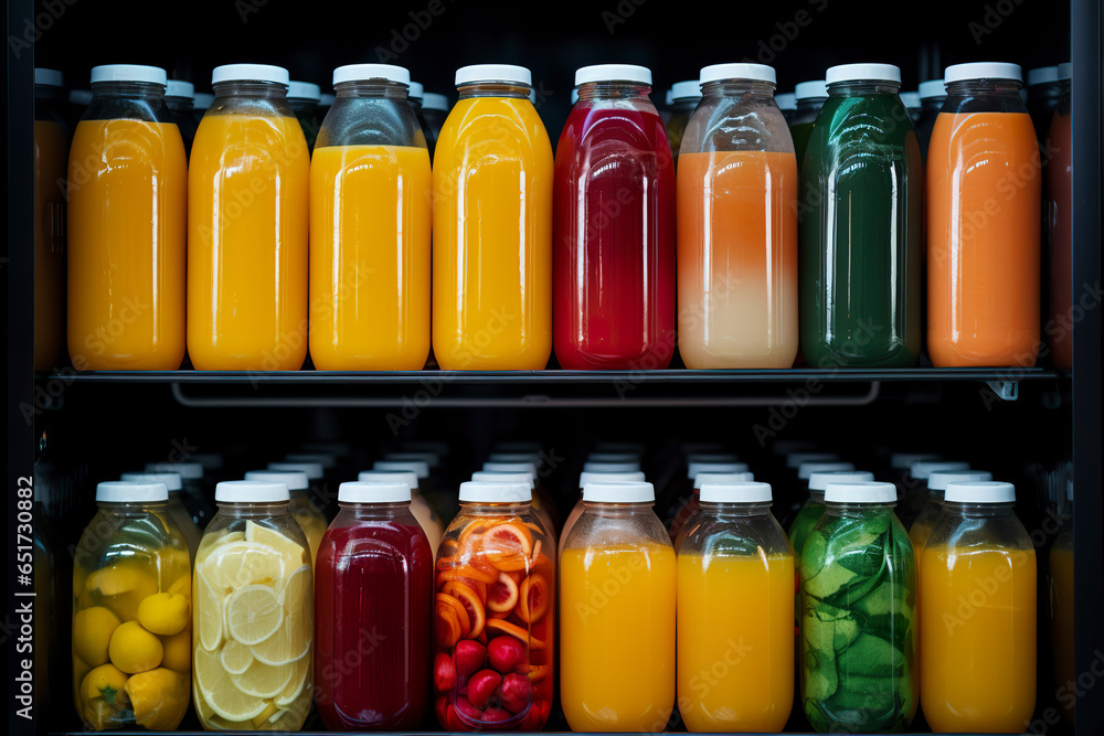 Several bottles containing juices and a variety of drinks are organized ...