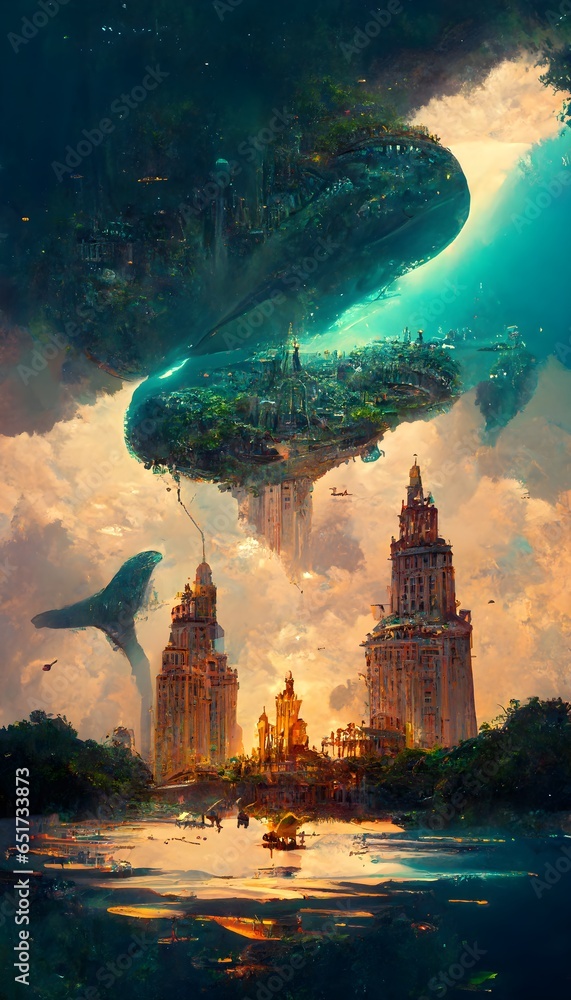 The city of Atlantis appears in the Jurassic forest by the river ...