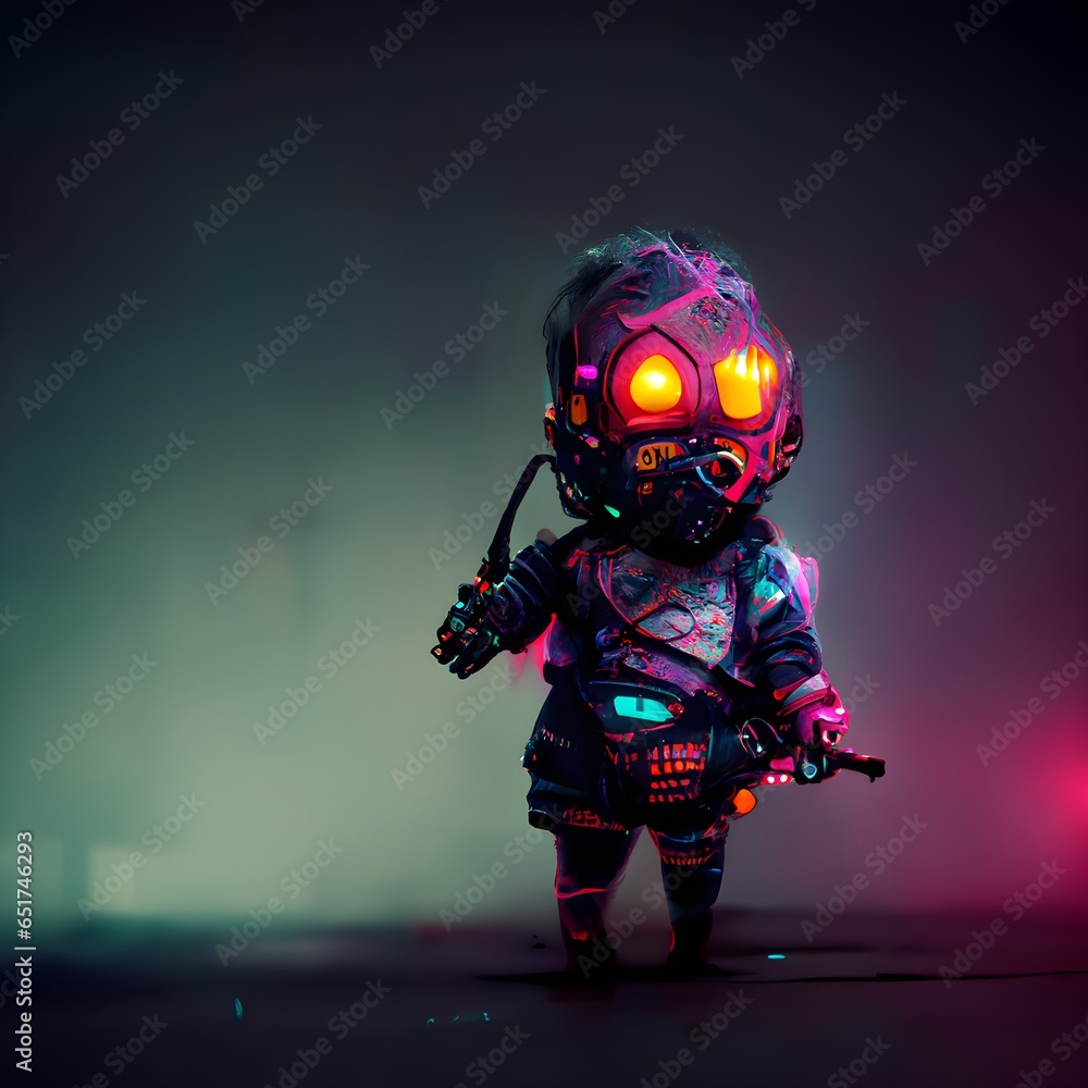 baby holding big weapon Cyberpunk wearing neon mask neon wires zoom out ...